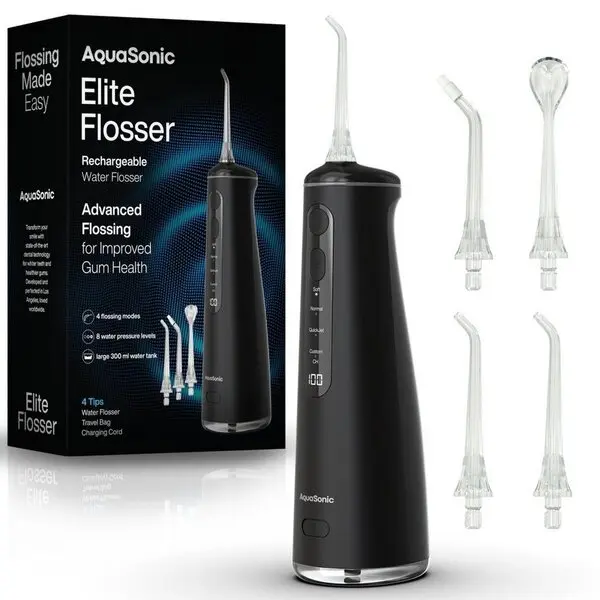 AQUASONIC Elite Rechargeable Water Flosser Set - Black