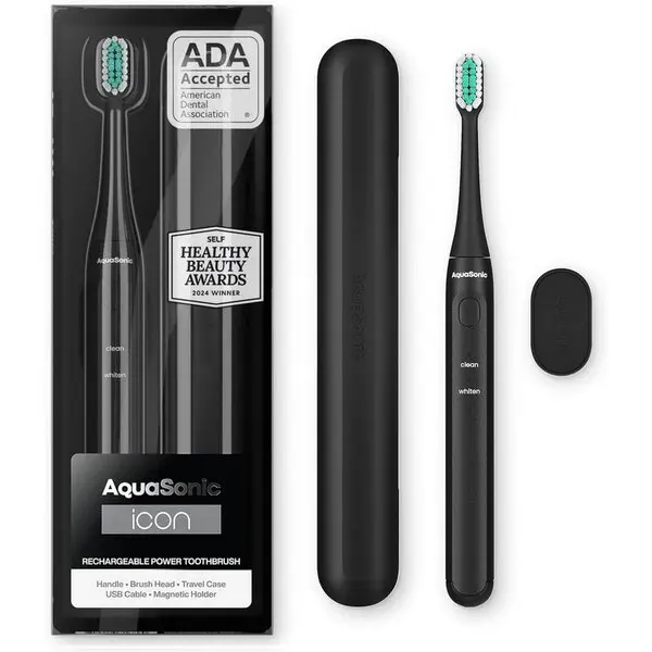 AQUASONIC Icon Rechargeable Electric Toothbrush With Magnetic Holder & Travel Case - Black
