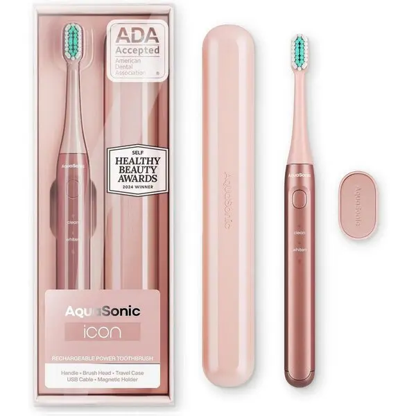 AQUASONIC Icon Rechargeable Electric Toothbrush With Magnetic Holder & Travel Case - Pink
