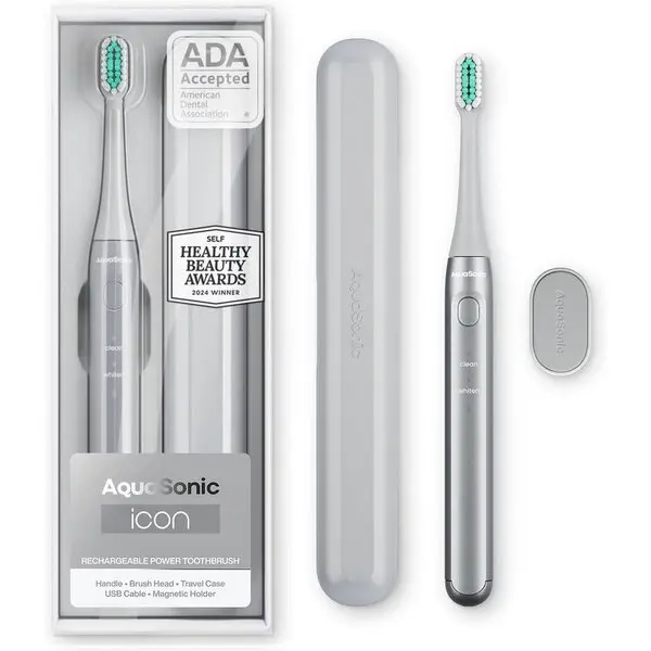 AQUASONIC Icon Rechargeable Electric Toothbrush With Magnetic Holder & Travel Case - Silver