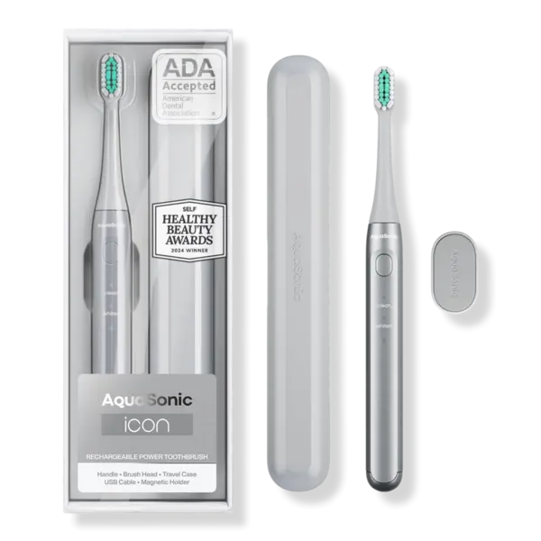 AQUASONIC Icon Rechargeable Electric Toothbrush With Magnetic Holder & Travel Case - Silver