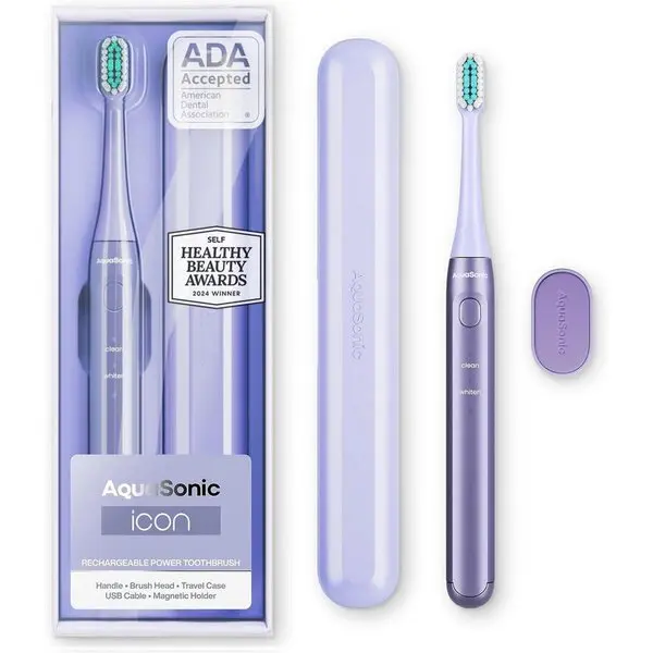 AQUASONIC Icon Rechargeable Electric Toothbrush With Magnetic Holder & Travel Case - Purple