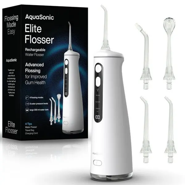 AQUASONIC Elite Rechargeable Water Flosser Set - White