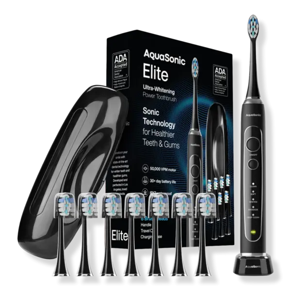 AQUASONIC Elite Rechargeable Electric Toothbrush With 8 Brush Heads & Travel Case - Black