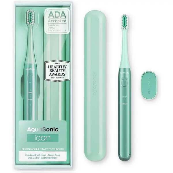 AQUASONIC Icon Rechargeable Electric Toothbrush With Magnetic Holder & Travel Case - Green