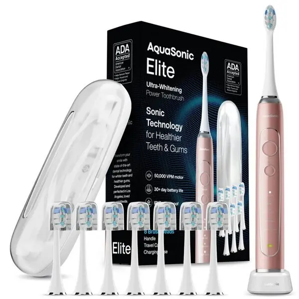 AQUASONIC Elite Rechargeable Electric Toothbrush With 8 Brush Heads & Travel Case - Rose Gold