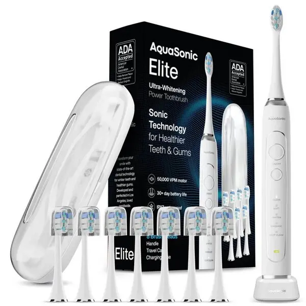 AQUASONIC Elite Rechargeable Electric Toothbrush With 8 Brush Heads & Travel Case - White