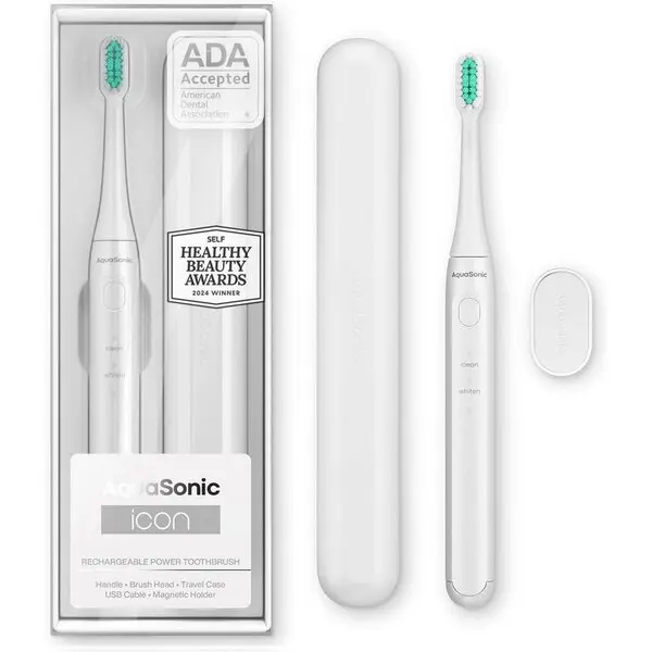 AQUASONIC Icon Rechargeable Electric Toothbrush With Magnetic Holder & Travel Case - White