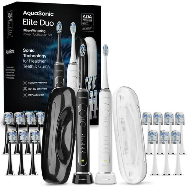 AQUASONIC Elite Duo Rechargeable Electric Toothbrush Set - Black