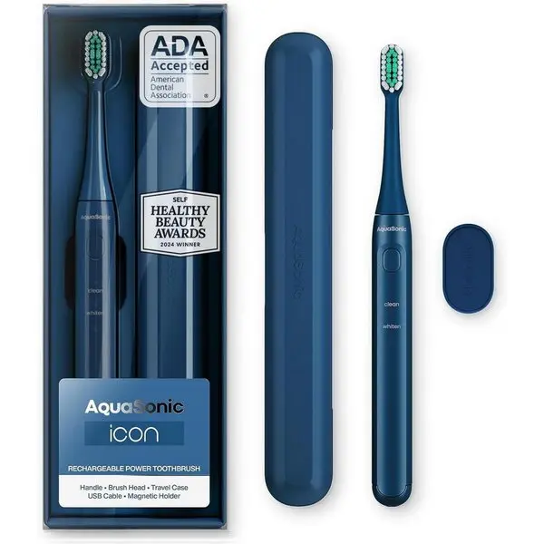 AQUASONIC Icon Rechargeable Electric Toothbrush With Magnetic Holder & Travel Case - Navy