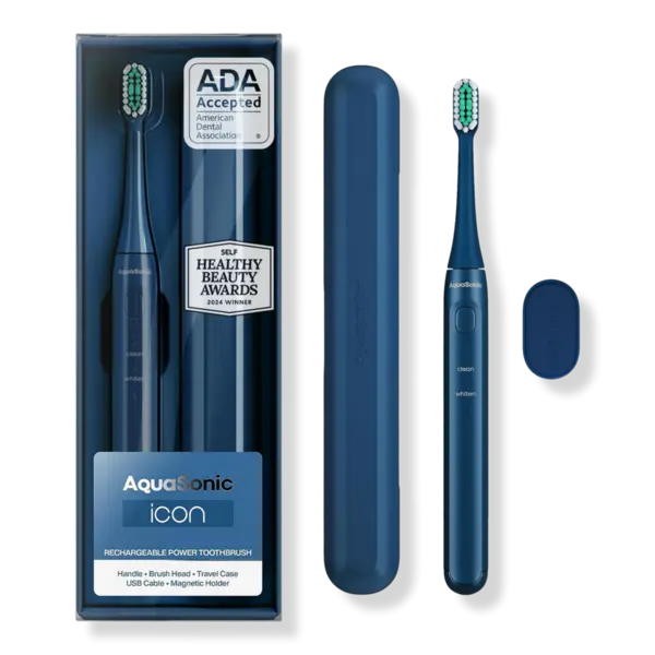 AQUASONIC Icon Rechargeable Electric Toothbrush With Magnetic Holder & Travel Case - Navy