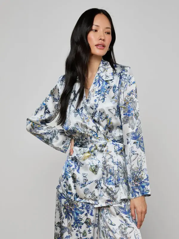L'Agence Ciara Silk Robe Top - Grey Multi Watercolor Butterfly