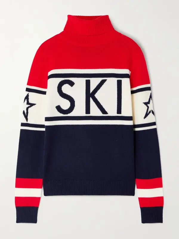 Perfect Moment Schild Intarsia Merino Wool Turtleneck Sweater - Red