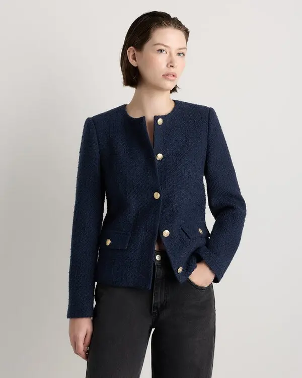Quince Collarless Tweed Jacket - Deep Navy