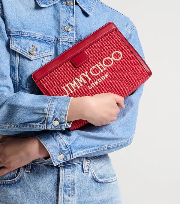 JIMMY CHOO Raffia Leather-trim Avenue Pouch - Red