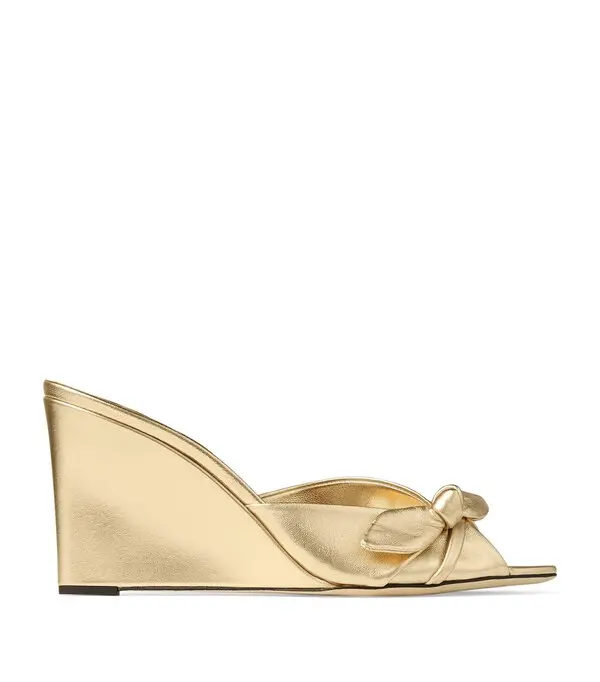 JIMMY CHOO Livi 85 Leather Wedge Mules - Gold