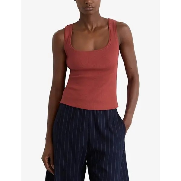 REISS Riva Square-neck Ribbed Vest - Rust Red
