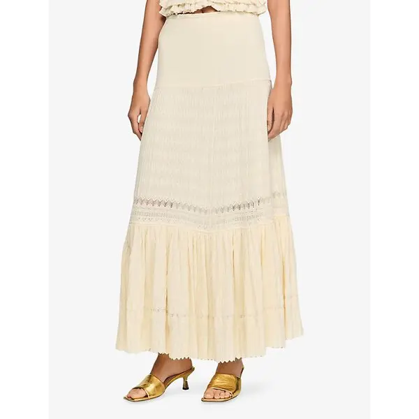 Sandro Knitted Maxi Skirt With Ruffle Hem - Ecru