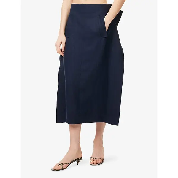 Khaite Tailored Linen Midi Skirt - Dark Navy