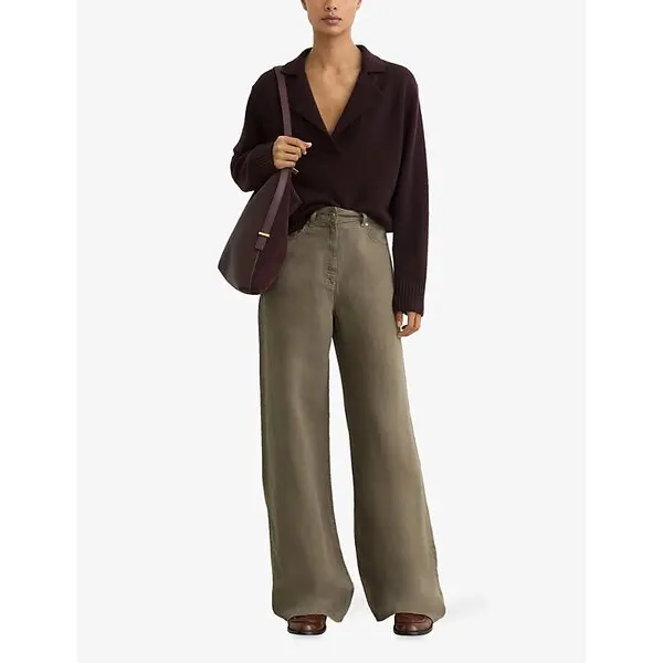REISS Wide-leg Linen-blend Trousers - Khaki Green