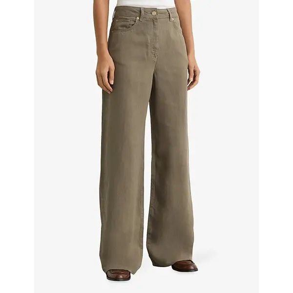 REISS Wide-leg Linen-blend Trousers - Khaki Green
