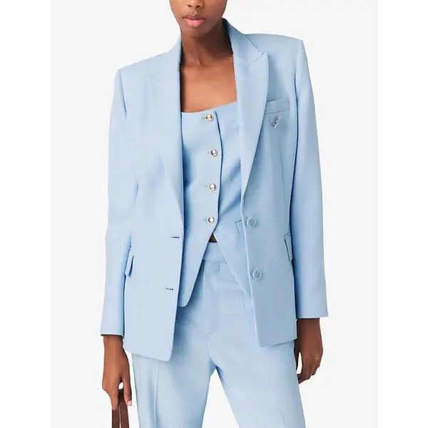 Maje Double-breasted Stretch-woven Blazer With Brooch