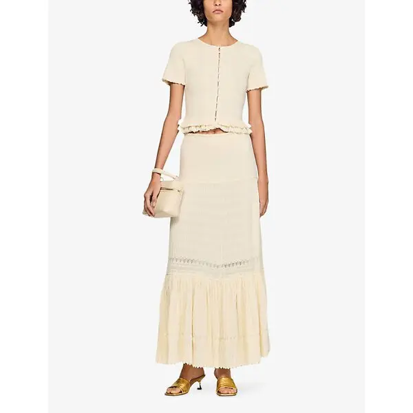 Sandro Knitted Maxi Skirt With Ruffle Hem - Ecru
