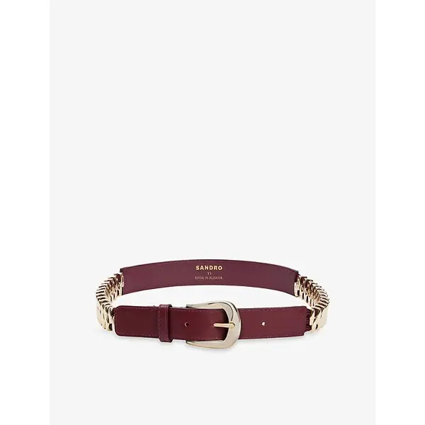 Sandro Curved-buckle Leather And Metal Belt - Bordeaux