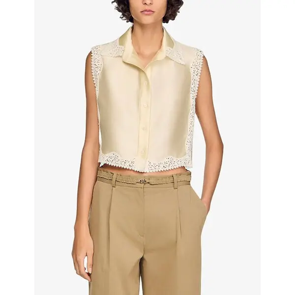 Sandro Sleeveless Lace-trim Satin Shirt - Ecru