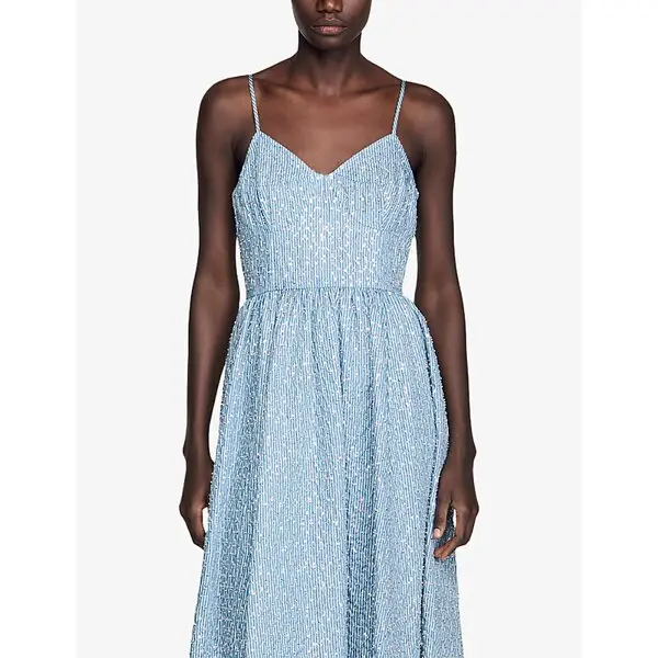 Sandro Striped Sequin-embellished Lyocell Midi Dress