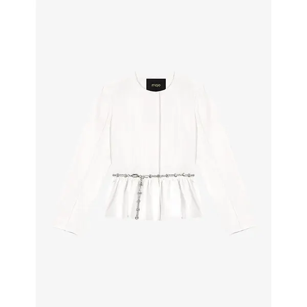 Maje Cropped Jeweled-belt Woven Jacket - White