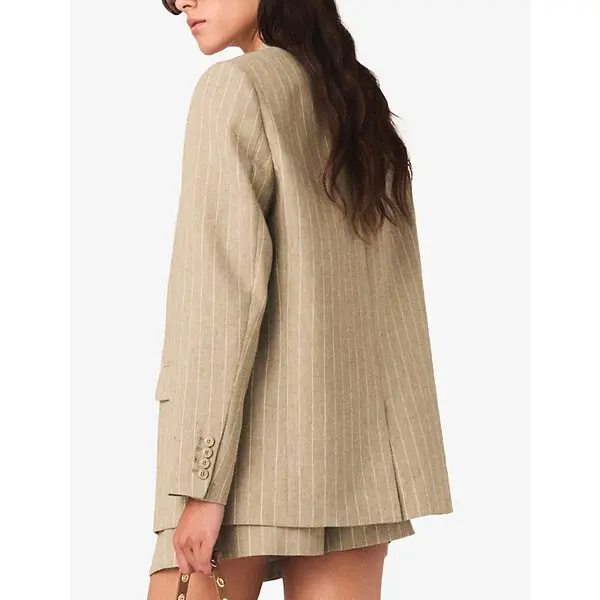 Maje Striped Cotton And Linen-blend Blazer - Khaki