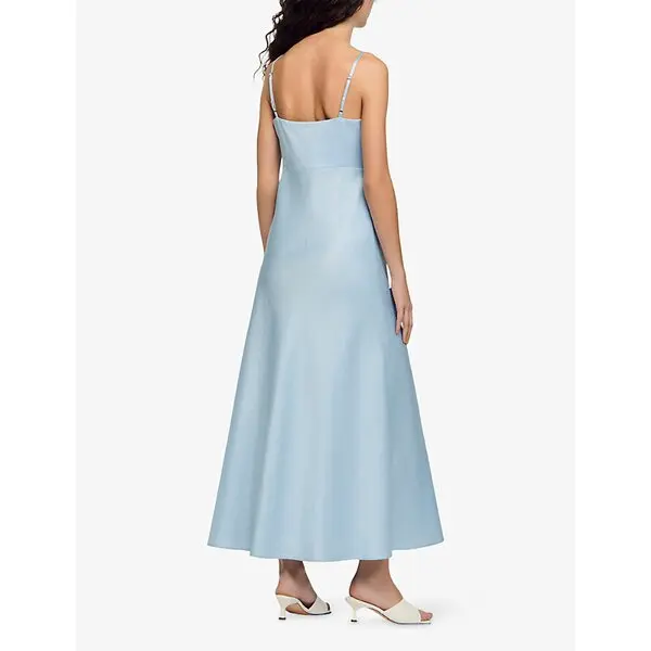 Sandro Bow Square-neck Satin Maxi Dress - Blue Sky