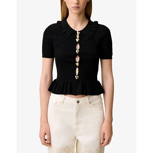 Claudie Pierlot Collared Heart-embellished Stretch-knit Top