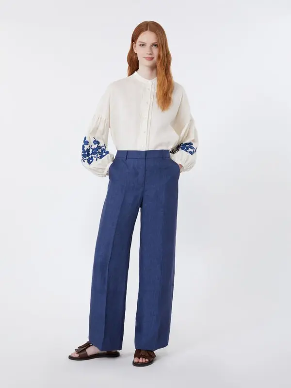 Max Mara Wide-leg Linen Canvas Trousers - Navy