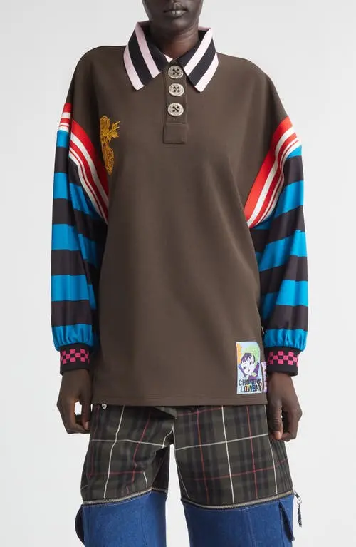 CHOPOVA LOWENA Mixed Stripe Patchwork Polo - Brown Multi