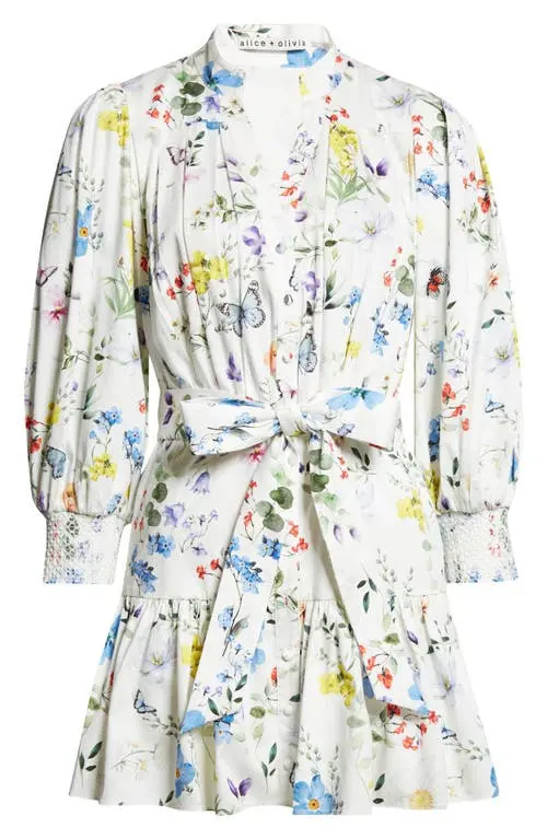 Alice + Olivia Floral Print Mini Shirtdress - Twisting Vines Off White