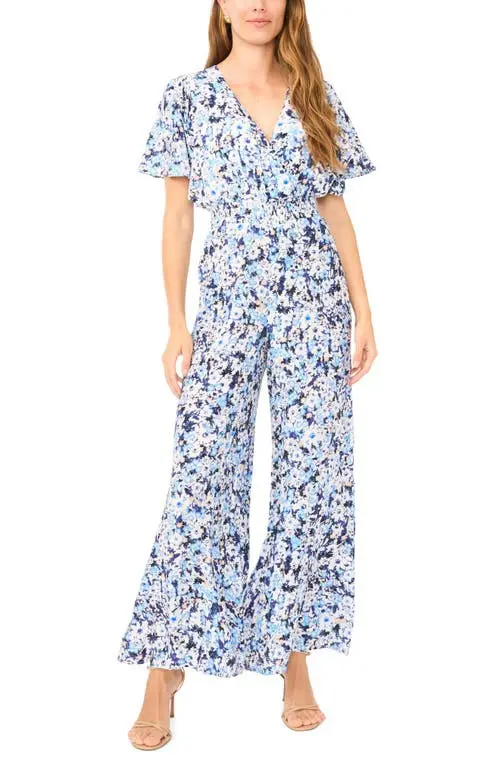 Vince Camuto Floral Print Flutter Sleeve Jumpsuit - 462 Blue Shadow