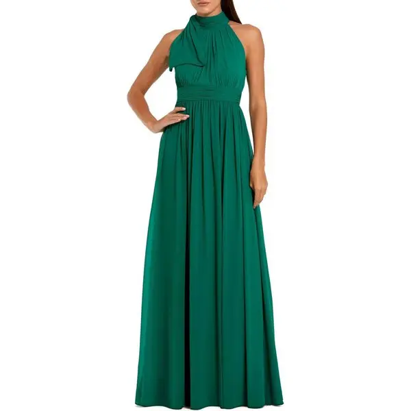Mac Duggal Petite A-line Halter Neck Chiffon Evening Gown - Deep Emerald