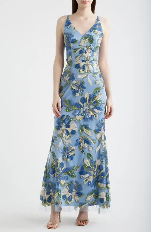 Eliza J Sequin Floral Mermaid Gown - Blue Multi