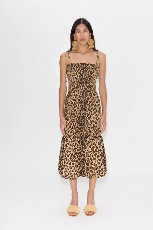 SIMONMILLER Canto Smocked Poplin Dress In Leopard Print