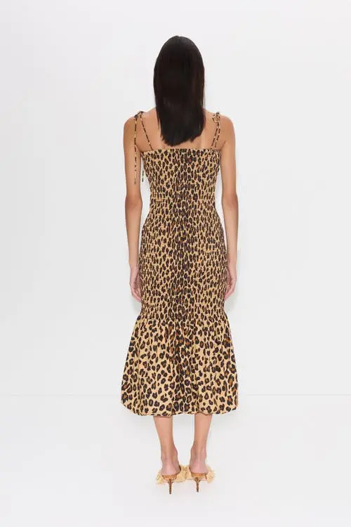 SIMONMILLER Canto Smocked Poplin Dress In Leopard Print