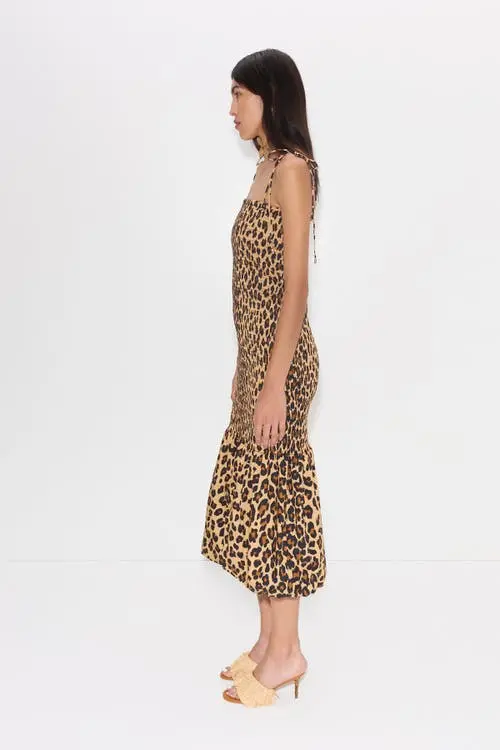 SIMONMILLER Canto Smocked Poplin Dress In Leopard Print
