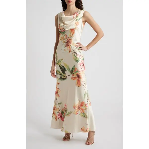 Eliza J Floral Cowl Neck Satin Gown - Champagne