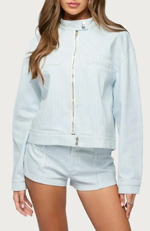 EDIKTED Pinstripe Moto Jacket - White-and-blue