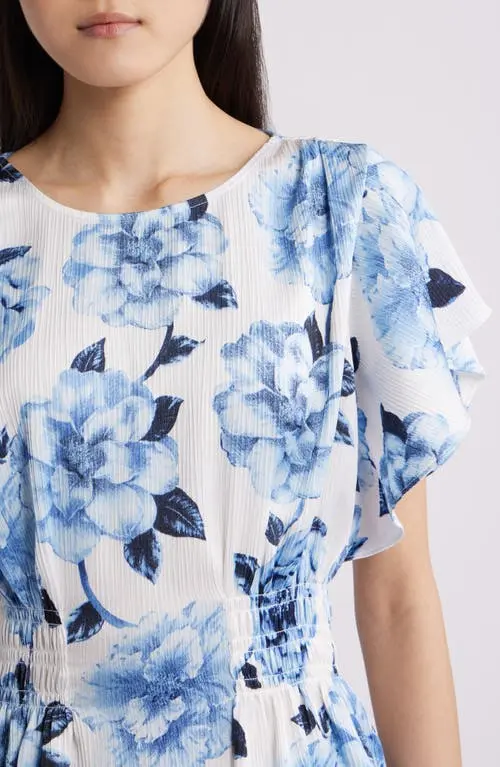 Anne Klein Flutter Sleeve Smock Waist Top - Crisp White Multi