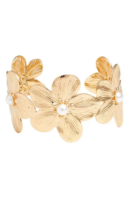 Nordstrom Faux Pearl Floral Cuff Bracelet - White- Gold