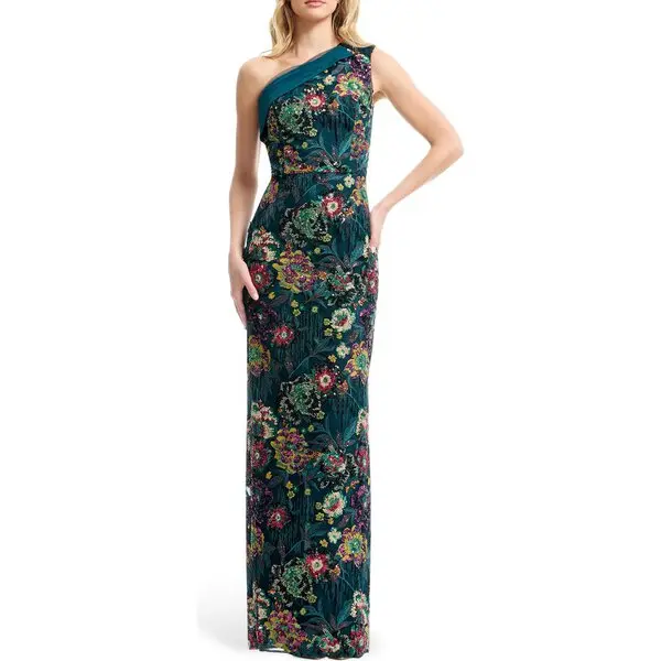Dress The Population Sawyer Beaded Sequin One-shoulder Gown