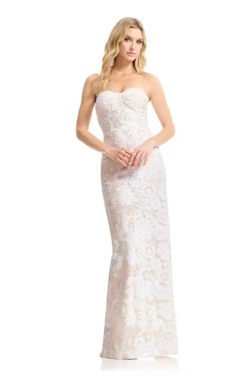 Dress The Population Vada Sequin Floral Strapless Column Gown - Off White Multi