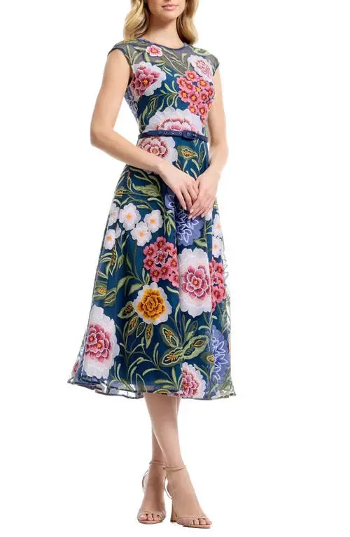 Dress The Population Floral Embroidery Cocktail Midi Dress